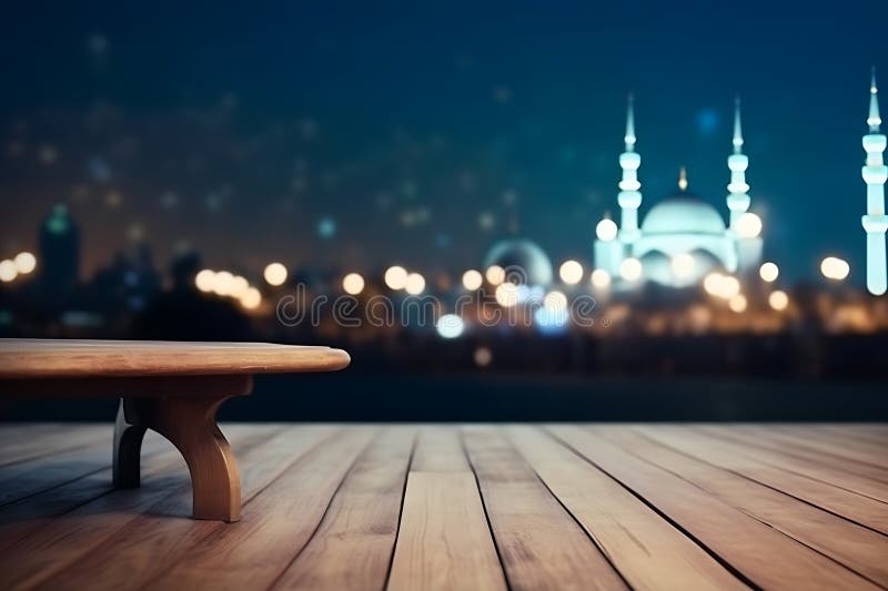 Wooden Board Empty Table in Front of Blurred Mosque Background ...