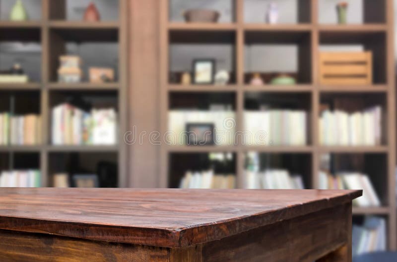 Wooden Board Empty Table Space Platform in Front of Blurred Library of ...