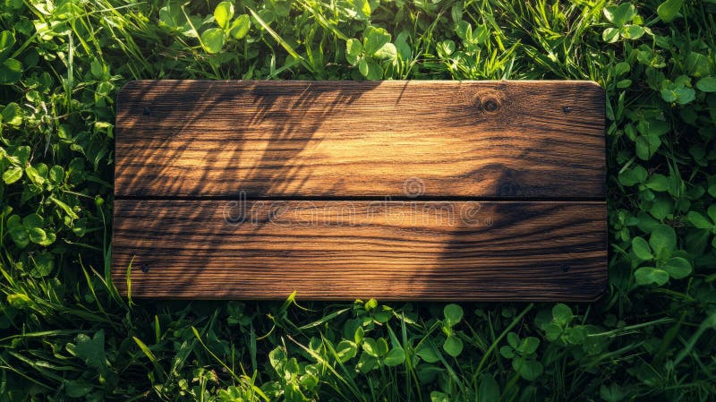 Wooden Board on Green Grass with Sunlight and Shadows. Stock Image ...