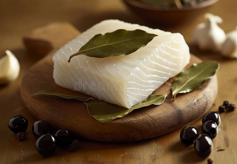 A Wooden Board Holds a Stack of Cod Fish Fillets, Garnished with Olives ...