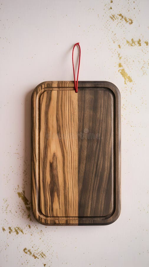 Wooden Board with a Red String Loop Adorned with Subtle Gold Specks ...