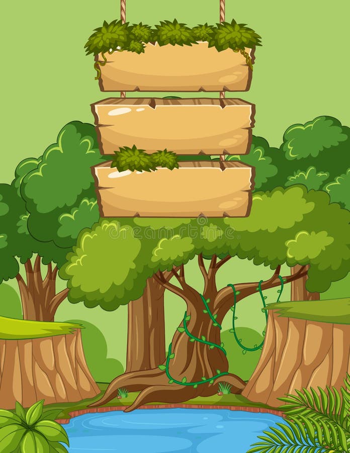 Wooden Board Sign Template with Big Trees in Background Stock Vector ...