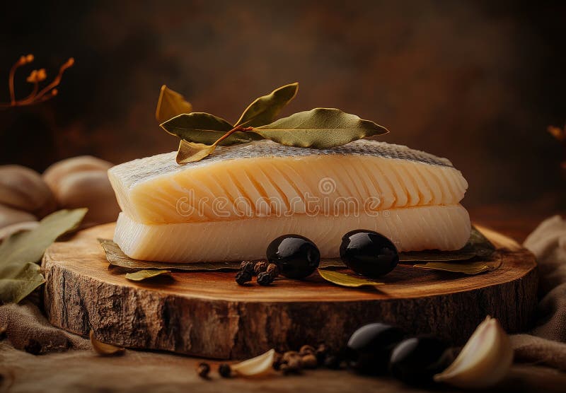 On a Wooden Board, a Stack of Cod Fish Fillets is Served with Olives ...