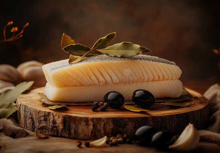 On a Wooden Board, a Stack of Cod Fish Fillets is Served with Olives ...
