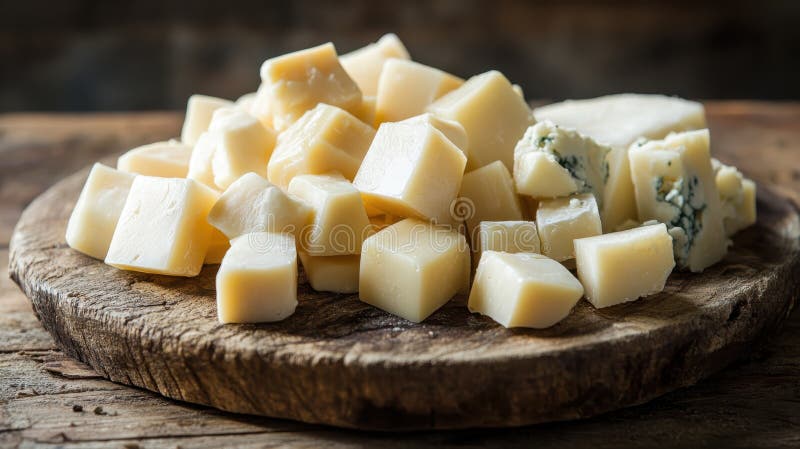 A Wooden Board with Various Cheese Cubes, Showcasing Different Textures ...
