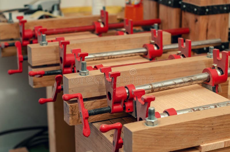 Wooden Boards with Clips. Joinery Production Stock Photo - Image of ...