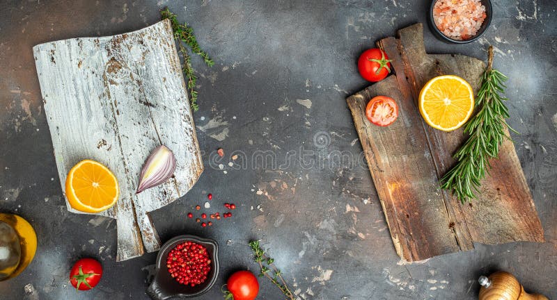 Wooden Boards and Ingredients for Cooking on Table. Long Banner Format ...
