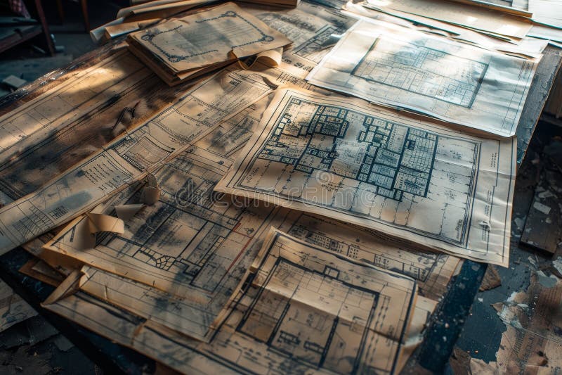 Wooden Boards Stacked on Top of a Table with Blueprints Scattered ...