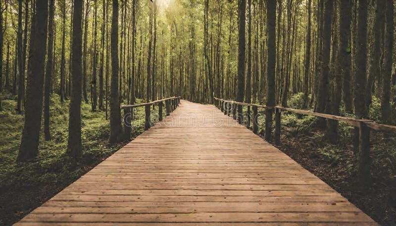Wooden Boardwalk Leading through Forest. a Path through the Trees ...