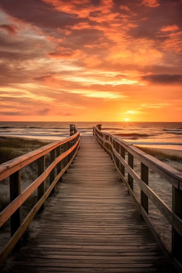 Wooden Boardwalk Leading To Sunset Over Ocean Stock Illustration ...