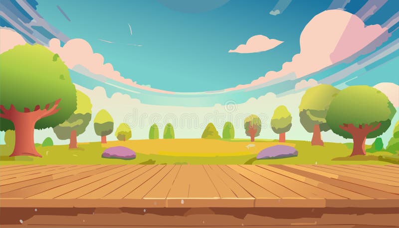 Wooden Boardwalk in the Park. Vector Illustration in Cartoon Style ...