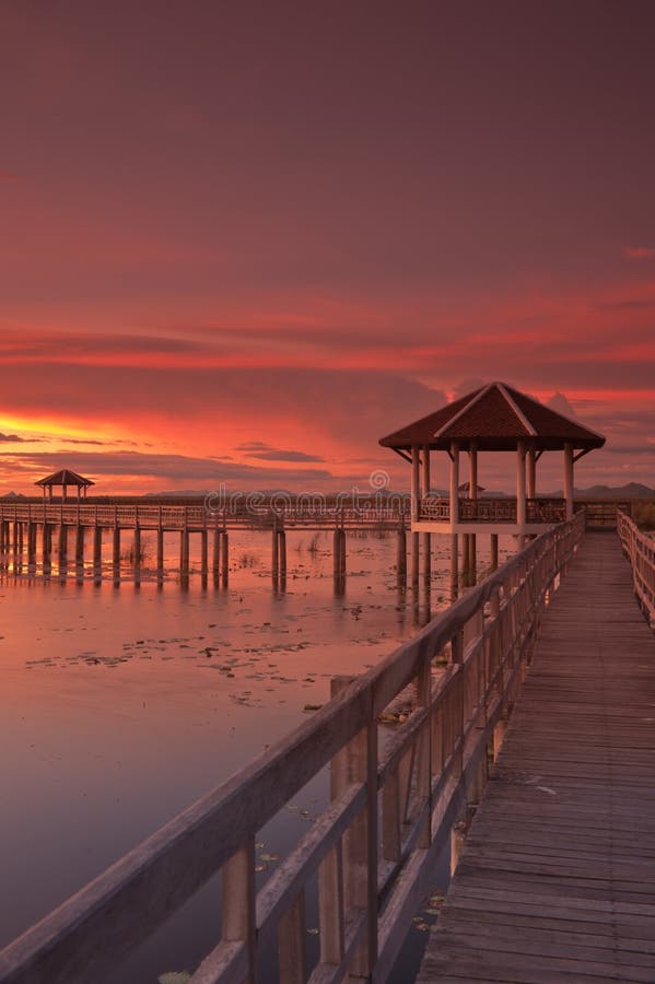 Wooden Boardwalk at Sunset. Stock Image - Image of idyllic, mountain ...