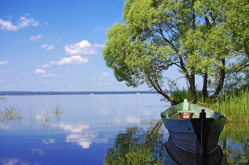 Wooden Boat on the Bank of Lake Stock Image - Image of nature, river ...