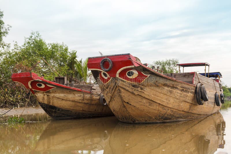 Wooden Boat Barge, River, Vietnam Stock Image - Image of blue, fishing ...