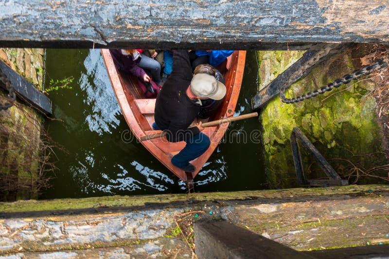 A Wooden Boat Floats Under the Bridge. View from Above Stock Image ...