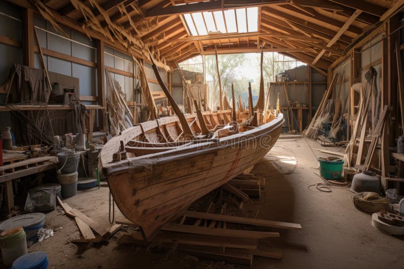 Wooden Boat Frame Under Construction in Workshop Stock Illustration ...