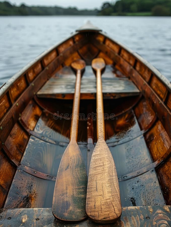 Wooden Boat with Oars on a Calm Lake. Stock Image - Image of oars ...