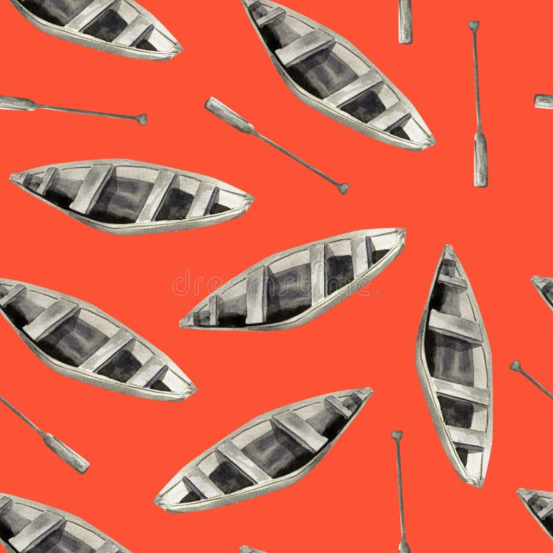 Wooden Boat and Paddle Watercolor Seamless Pattern Stock Photo - Image ...
