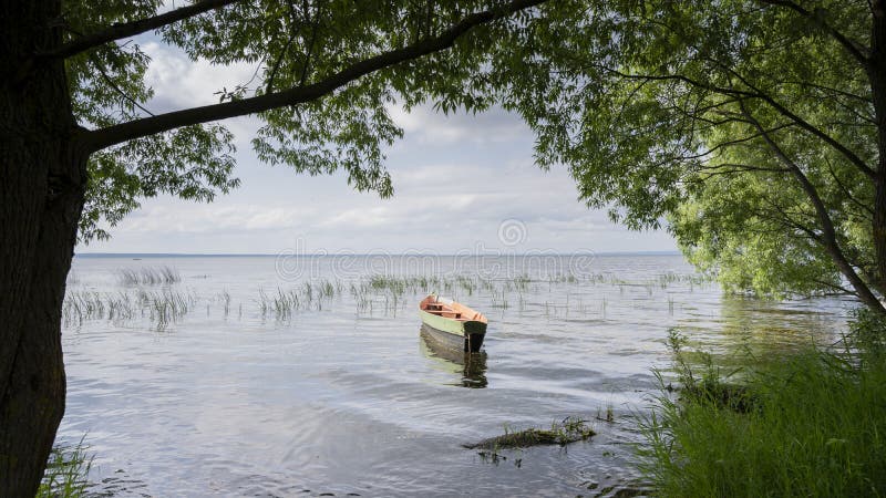 Wooden Boat on the River among the Trees Stock Photo - Image of sail ...