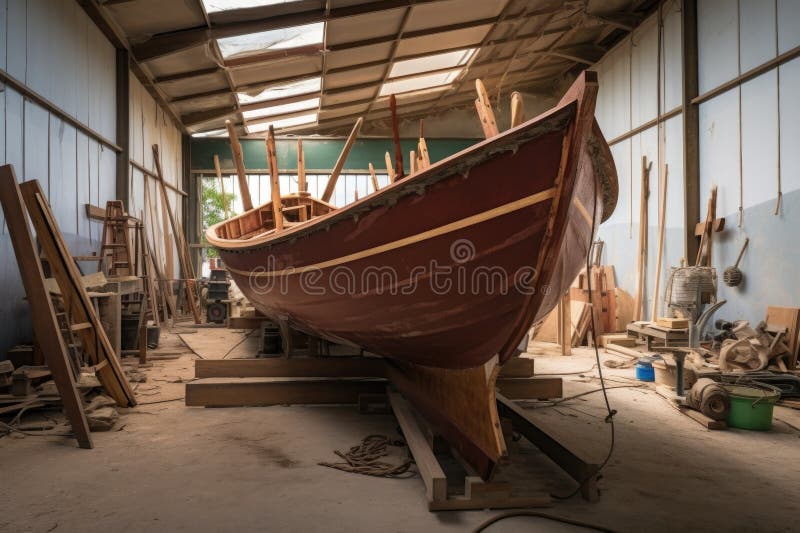 Wooden Boat Under Construction in Boatyard Stock Illustration - Illustration of keel ...