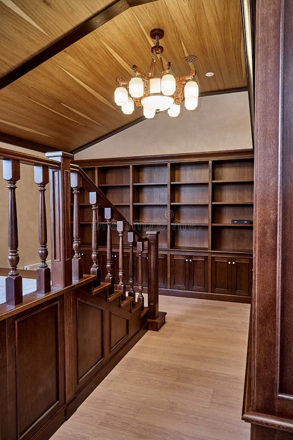Wooden Bookcase with Empty Shelves and a Wooden Balustrade in Home ...