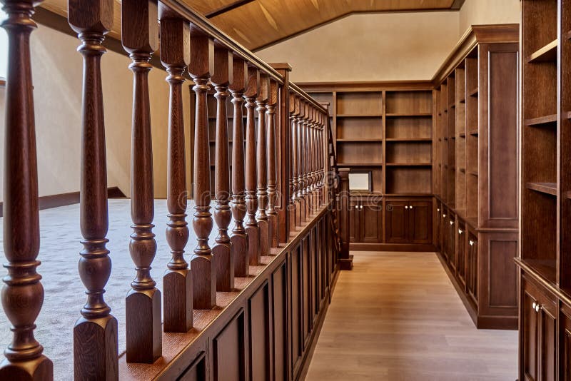 Wooden Bookcase with Empty Shelves and a Wooden Balustrade in Home ...