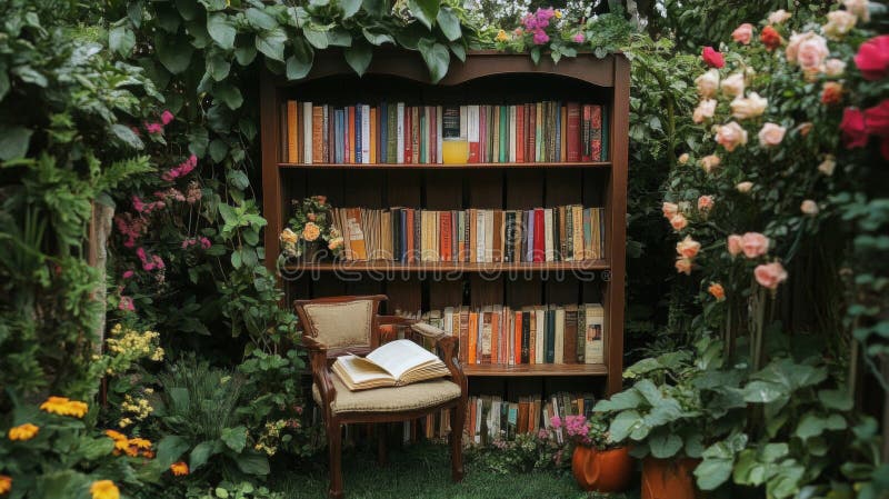 Wooden Bookcase Filled with Books in a Lush Garden Setting Stock ...