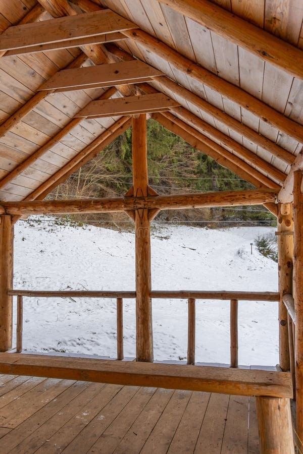 Wooden Booth with Snow-covered View Stock Photo - Image of chill ...