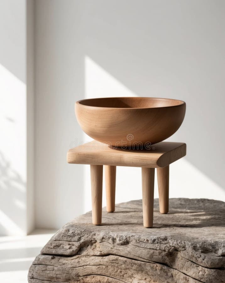 A Wooden Bowl Atop a Wooden Stand Atop a Rock. Stock Photo - Image of ...
