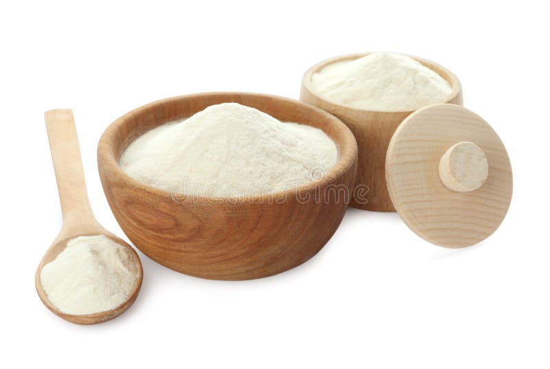 Wooden Bowl, Box and Spoon of Agar-agar Powder on White Background ...