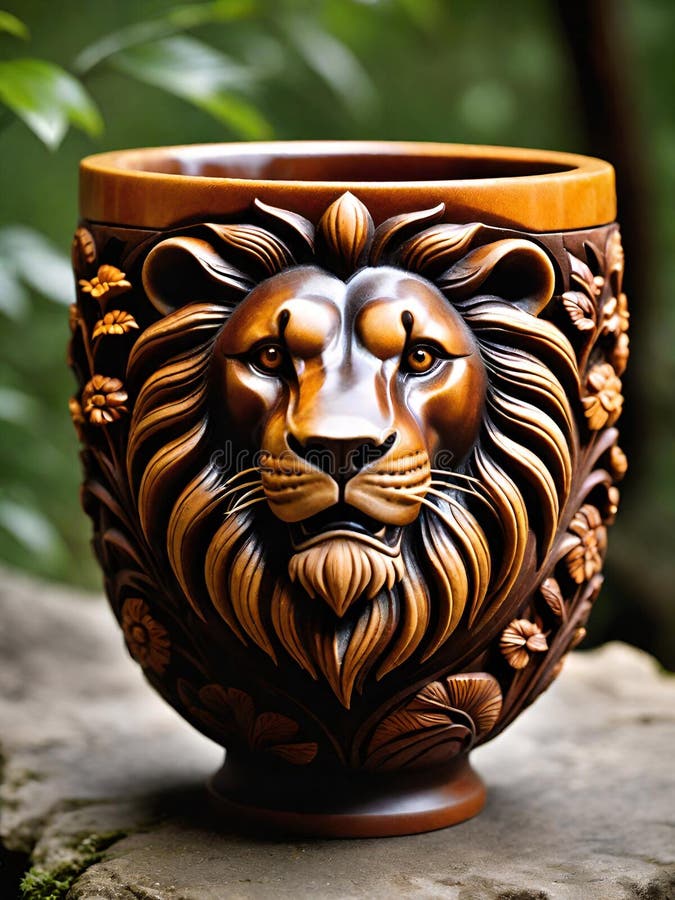 Wooden Bowl of a Clay Pot with a Lion Stock Illustration - Illustration ...