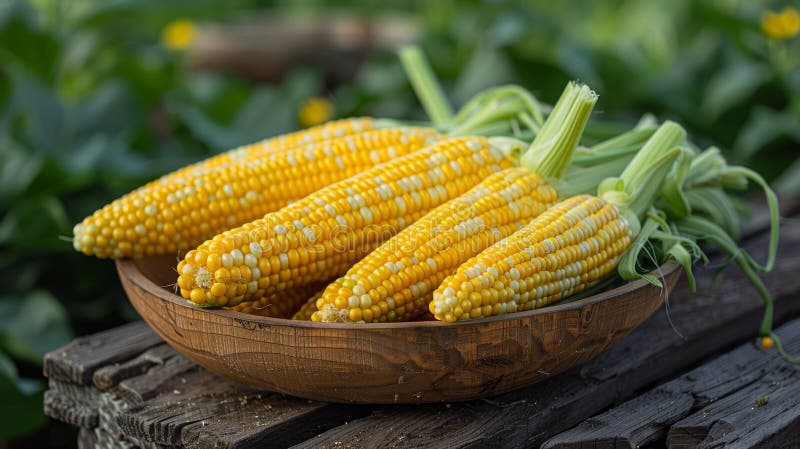 A Wooden Bowl of Corn on a Table Outside, AI Stock Image - Image of ...