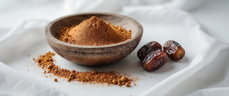 Wooden Bowl of Date Powder and Dates Placed on a White Surface. Stock ...