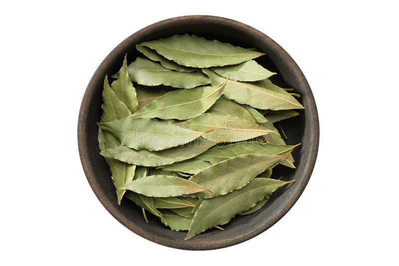 Wooden Bowl of Dried Laurel Leaves, Isolated on White. Green Bay Leaves ... Wooden Bowl of Dried Laurel Leaves, Isolated on White. Green Bay Leaves ...