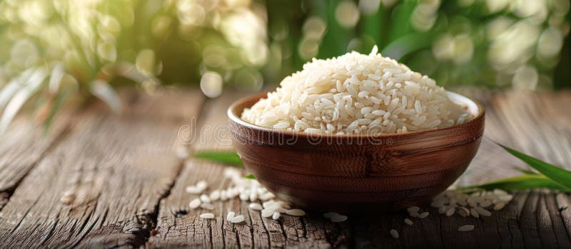 Wooden Bowl Filled with Rice on Wooden Table Stock Photo - Image of ...