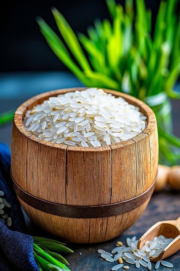 A Wooden Bowl Filled with White Rice Next To a Wooden Spoon Stock Photo ...