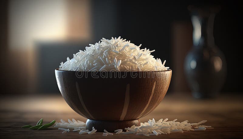 A Wooden Bowl Filled with White Rice on Top of a Wooden Table. Stock ...