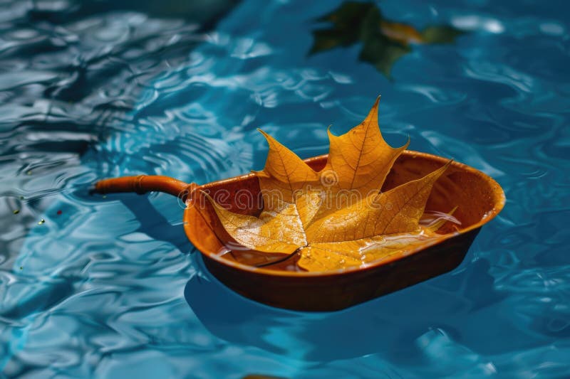 A Wooden Bowl Floats on the Surface of a Pool, Filled with Leaves Stock ...