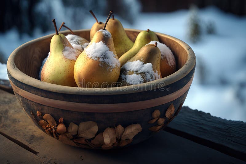 Wooden Bowl with Pears Outside in the Snow Stock Illustration ...