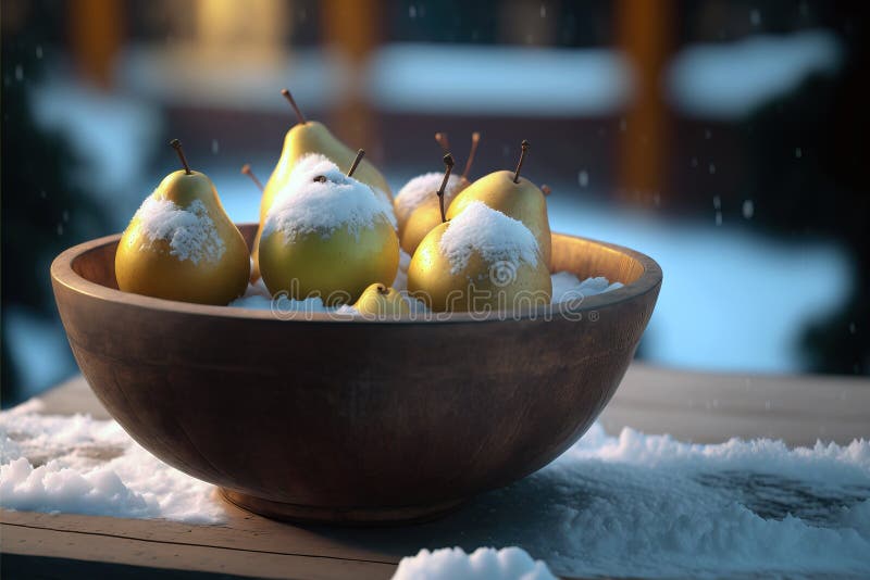 Wooden Bowl with Pears Outside in the Snow Stock Illustration ...