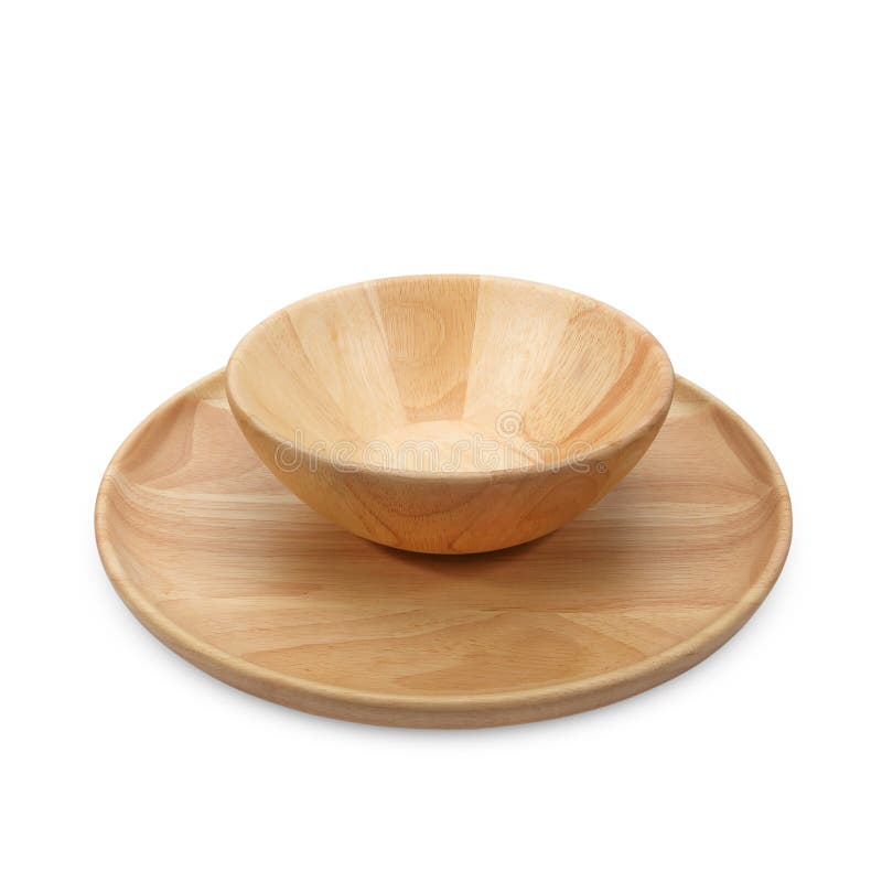 Wooden a Bowl on Plate Isolated Stock Image - Image of accessories ...