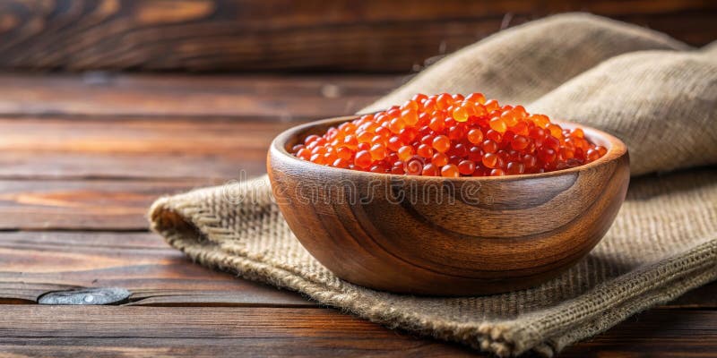 Wooden Bowl of Red Fish Roe on Rustic Burlap. Generative AI Stock ...