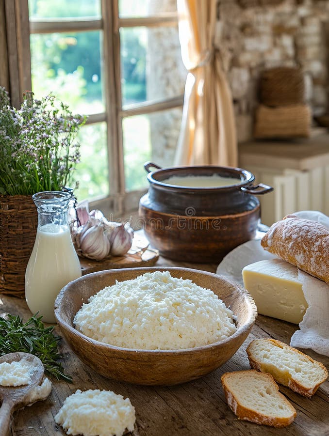 A Wooden Bowl of Rice Bread Cheese and Milk on a Wooden Table Stock ...