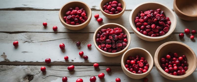Wooden Bowls Filled with Dried Cranberries on a Rustic Table with Fresh ...