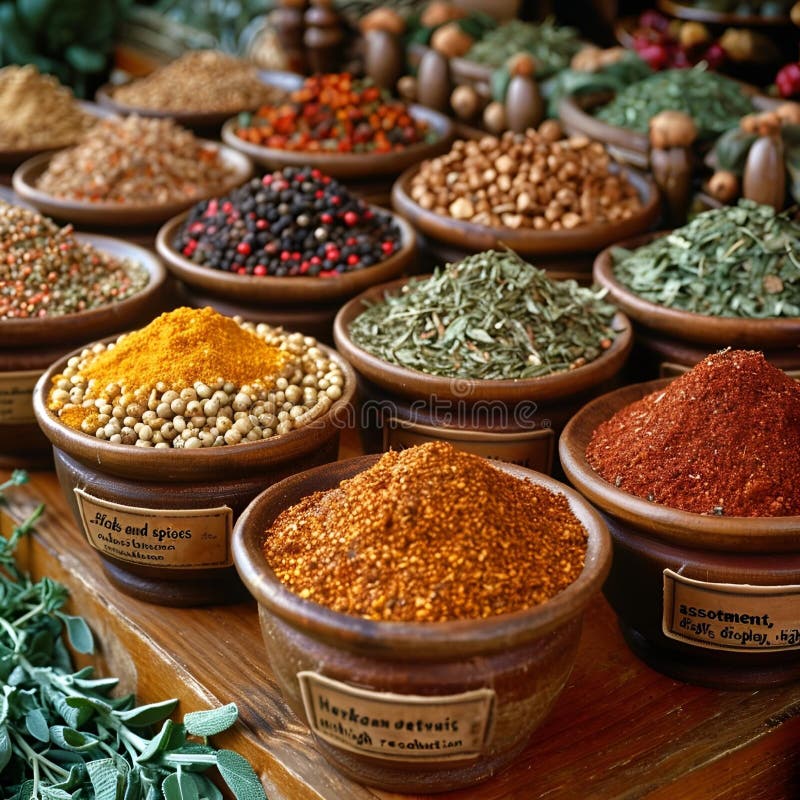 Wooden Bowls Holding Assorted Types of Spices and Herbs on Display ...