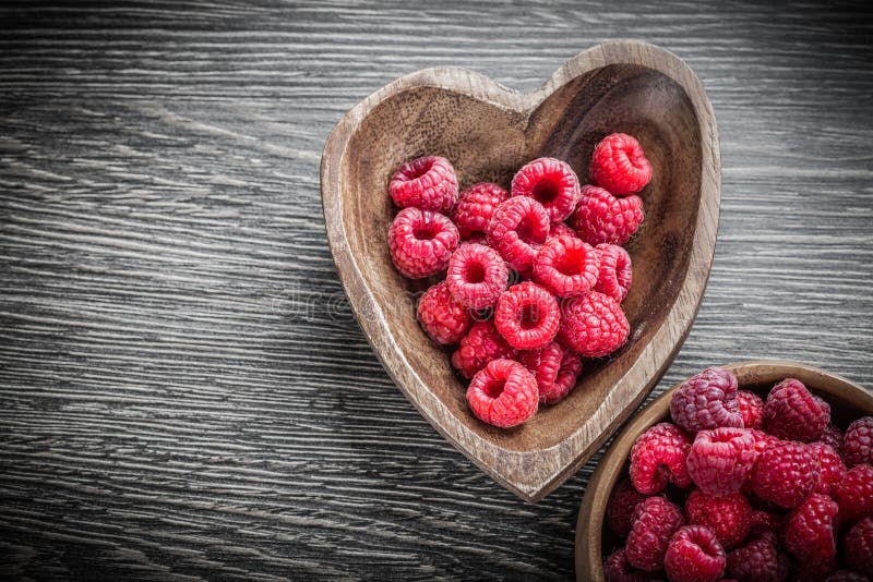 Wooden Bowls with Raspberries on Wood Board Stock Photo - Image of ...