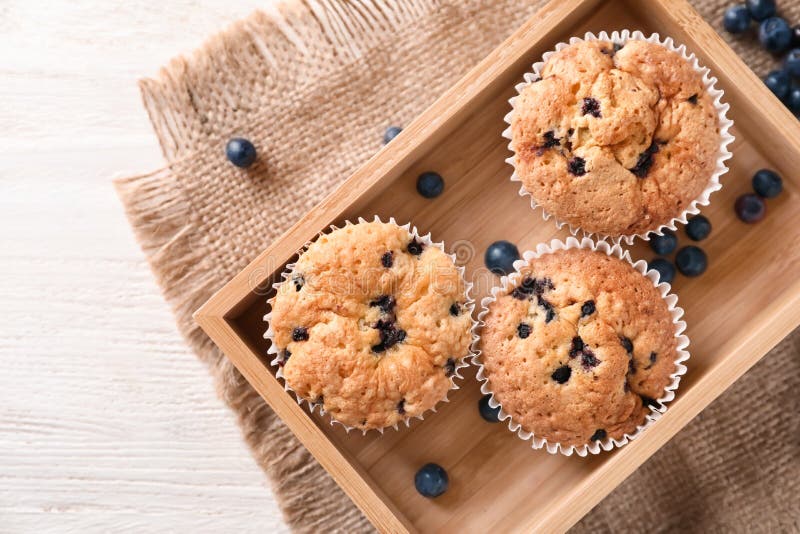 Wooden Box with Blueberry Muffins on Table Stock Image - Image of ...