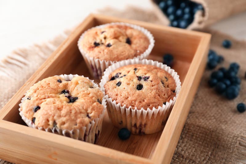 Wooden Box with Blueberry Muffins on Table Stock Photo - Image of bake ...