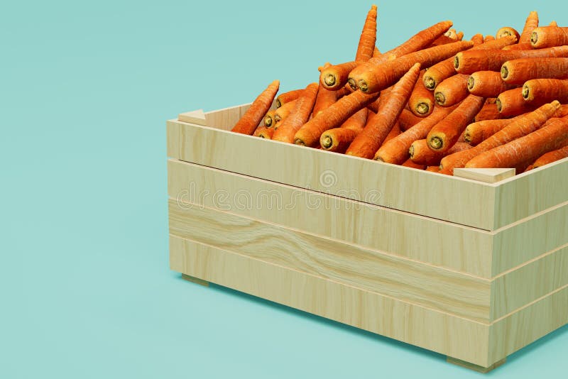 Wooden Box with Carrots on a Blue Background. 3D Render Stock ...