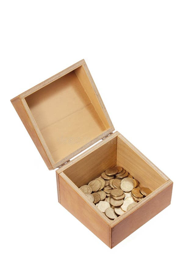 Wooden Box with Coins stock photo. Image of white, riches - 32357114